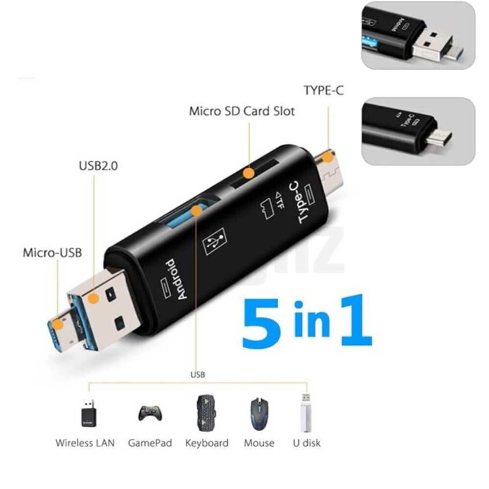 5-in-1 OTG Card Reader supprot Micro USB Type-c TF Memory Card - Gliz.lk